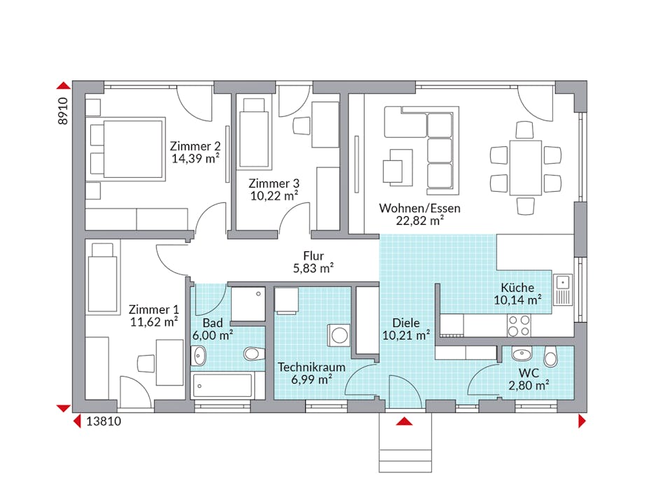 4-Zimmer-Bungalow: Grundriss planen